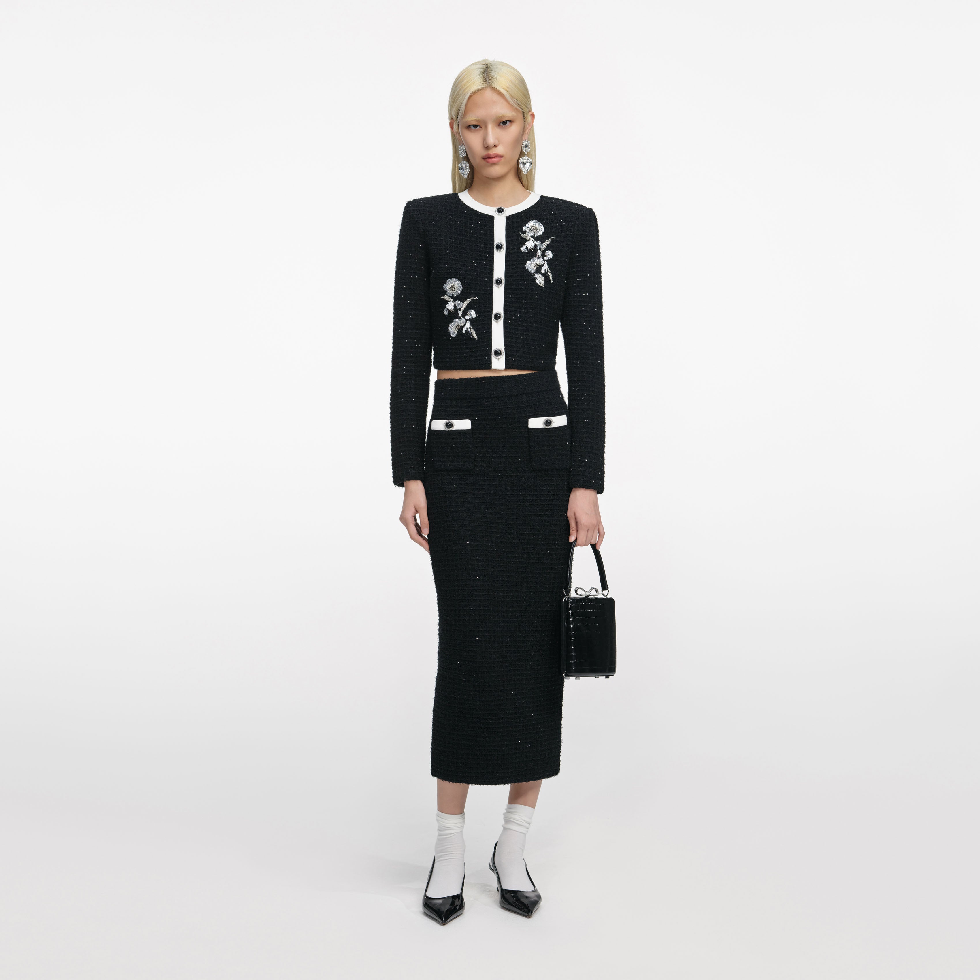 Black Floral Textured Knit Jacket – self-portrait-EU