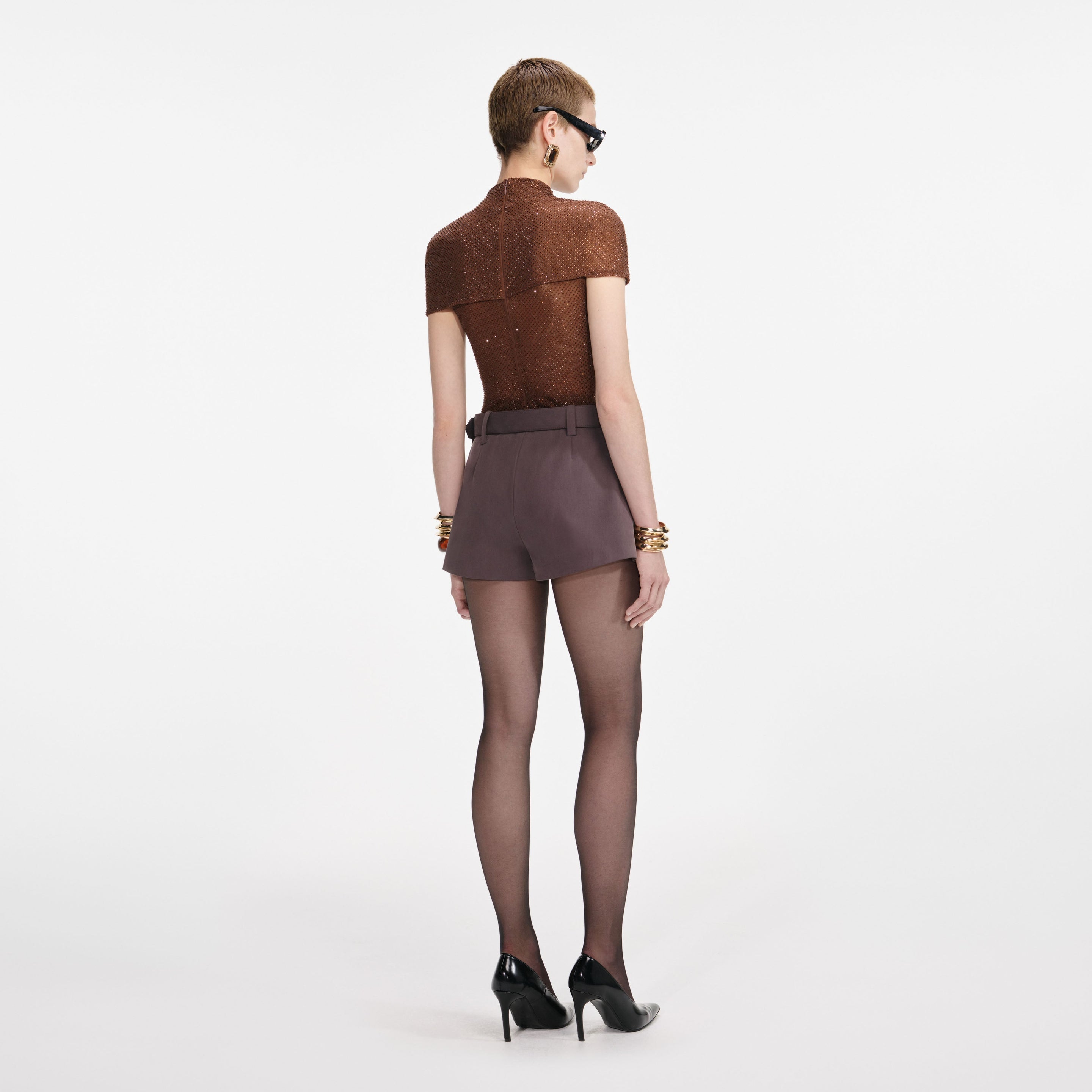 Brown Rhinestone Mesh Cut Out Top – self-portrait-EU