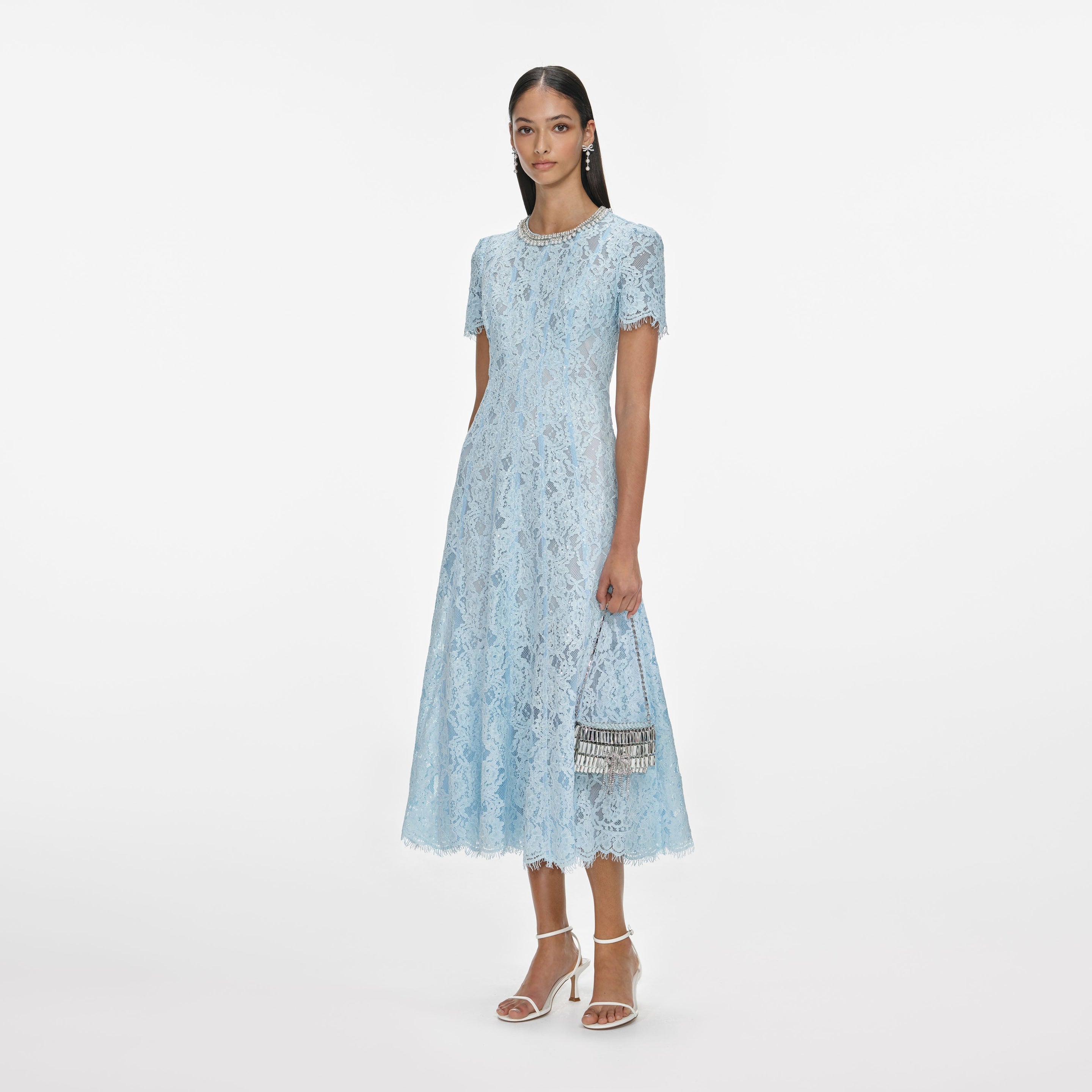 Blue Lace Embellished Midi Dress – self-portrait-EU