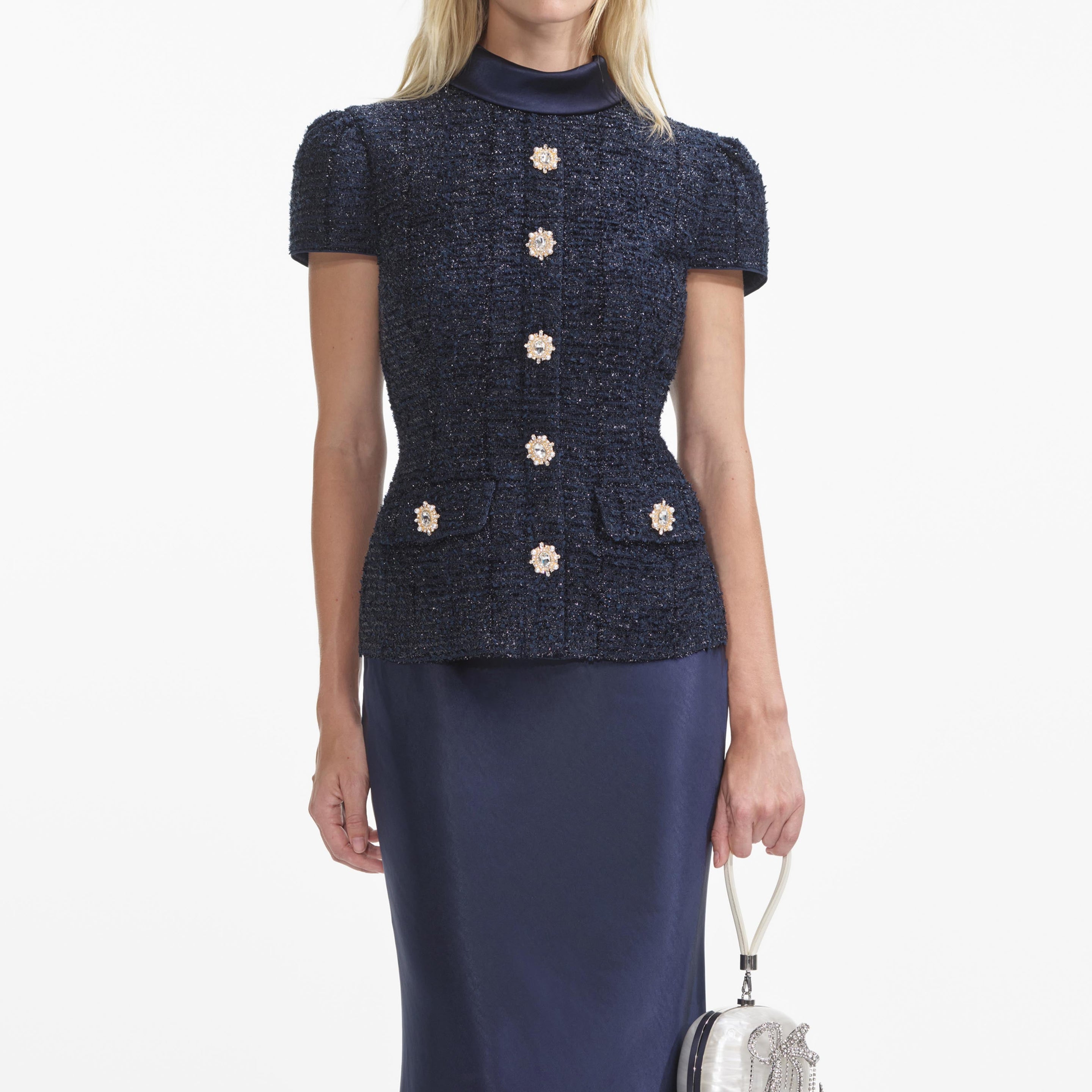 Navy Metallic Boucle Maxi Dress – self-portrait-EU