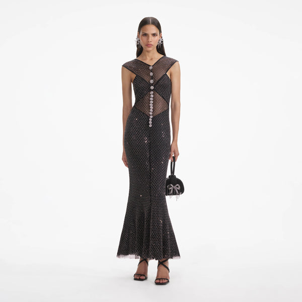 Black Rhinestone Fishnet Crossover Midi Dress – self-portrait-EU