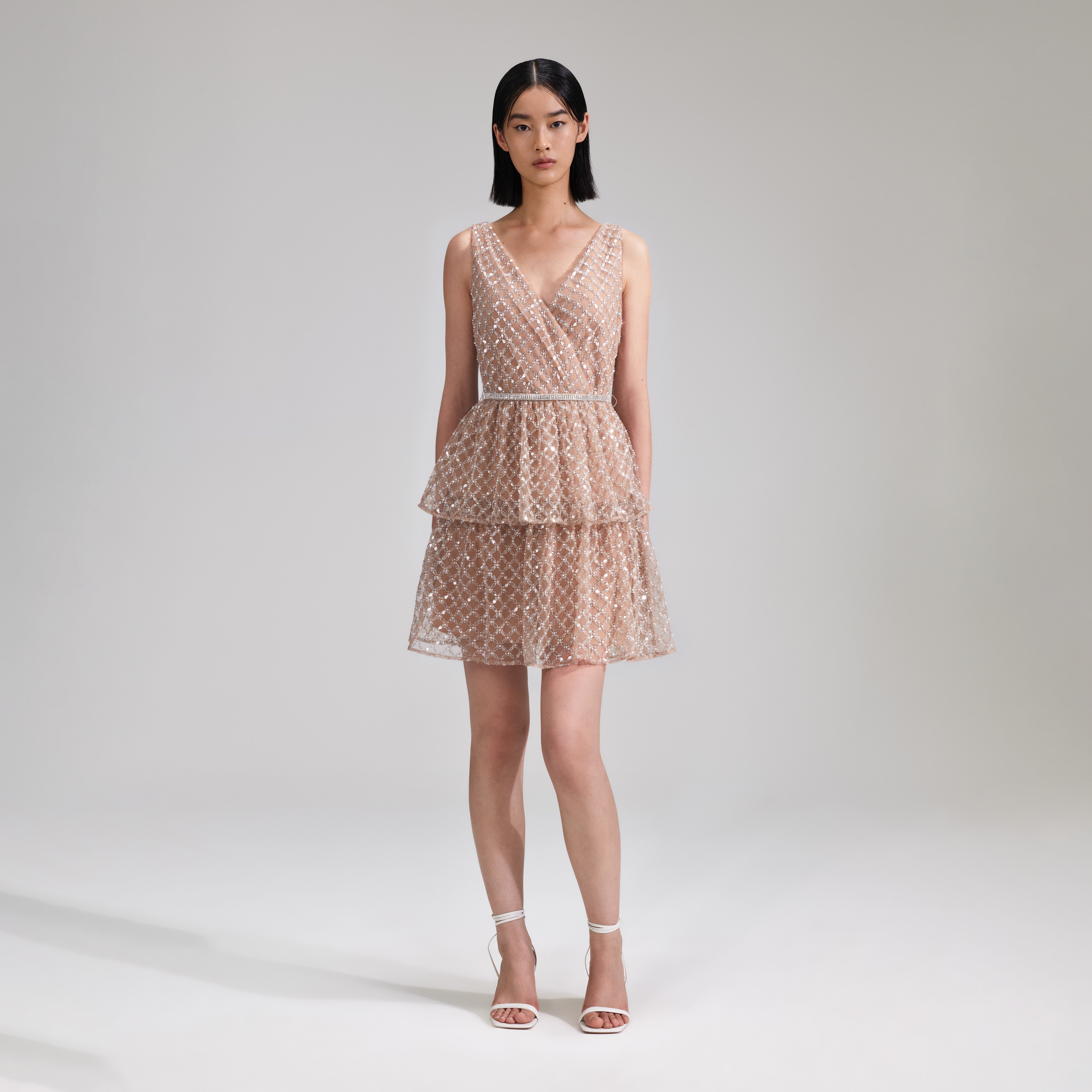 Tan Grid Sequin Tiered Mini Dress – self-portrait-EU