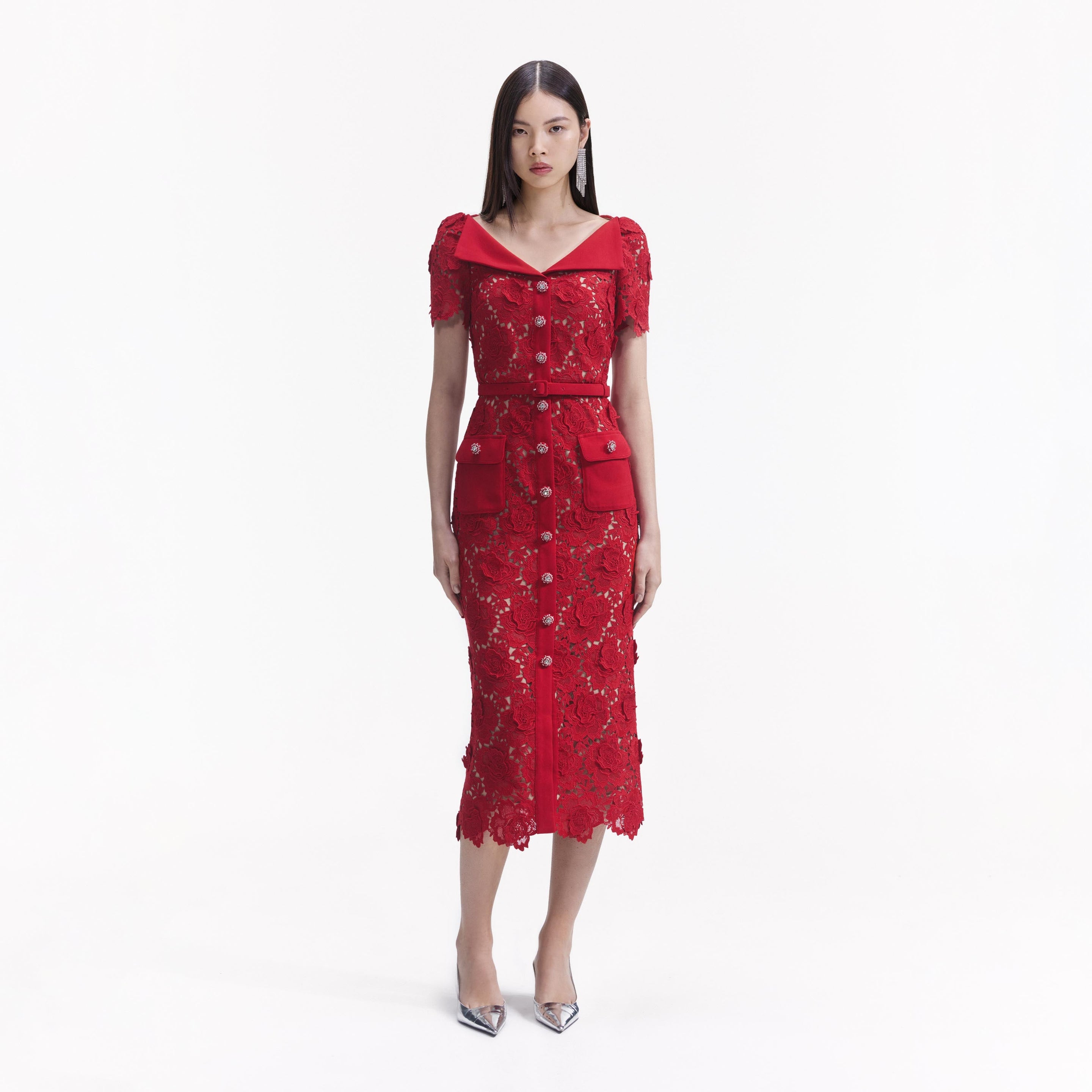 Red Lace Open Neck Midi Dress – self-portrait-EU