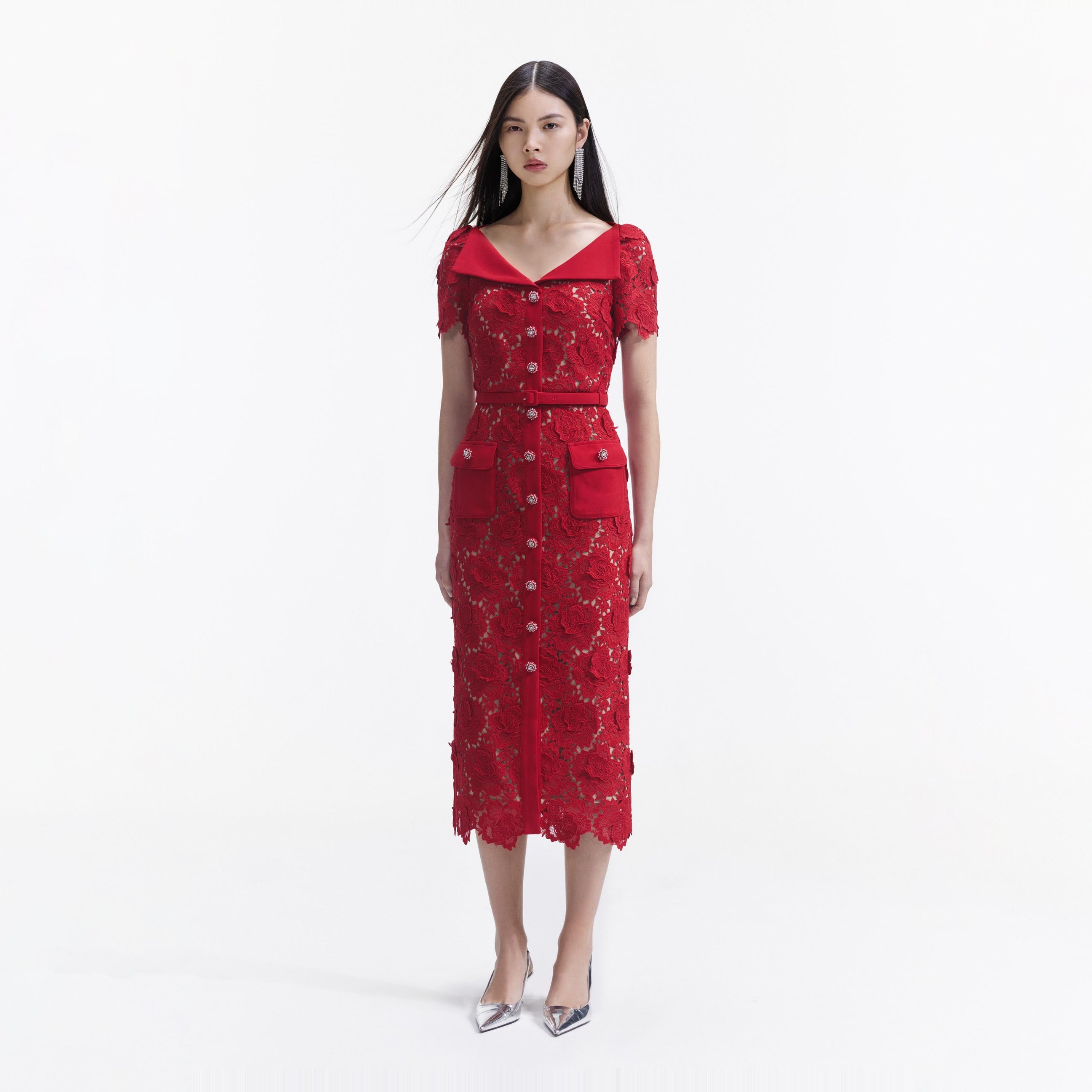 Red Lace Open Neck Midi Dress – self-portrait-EU