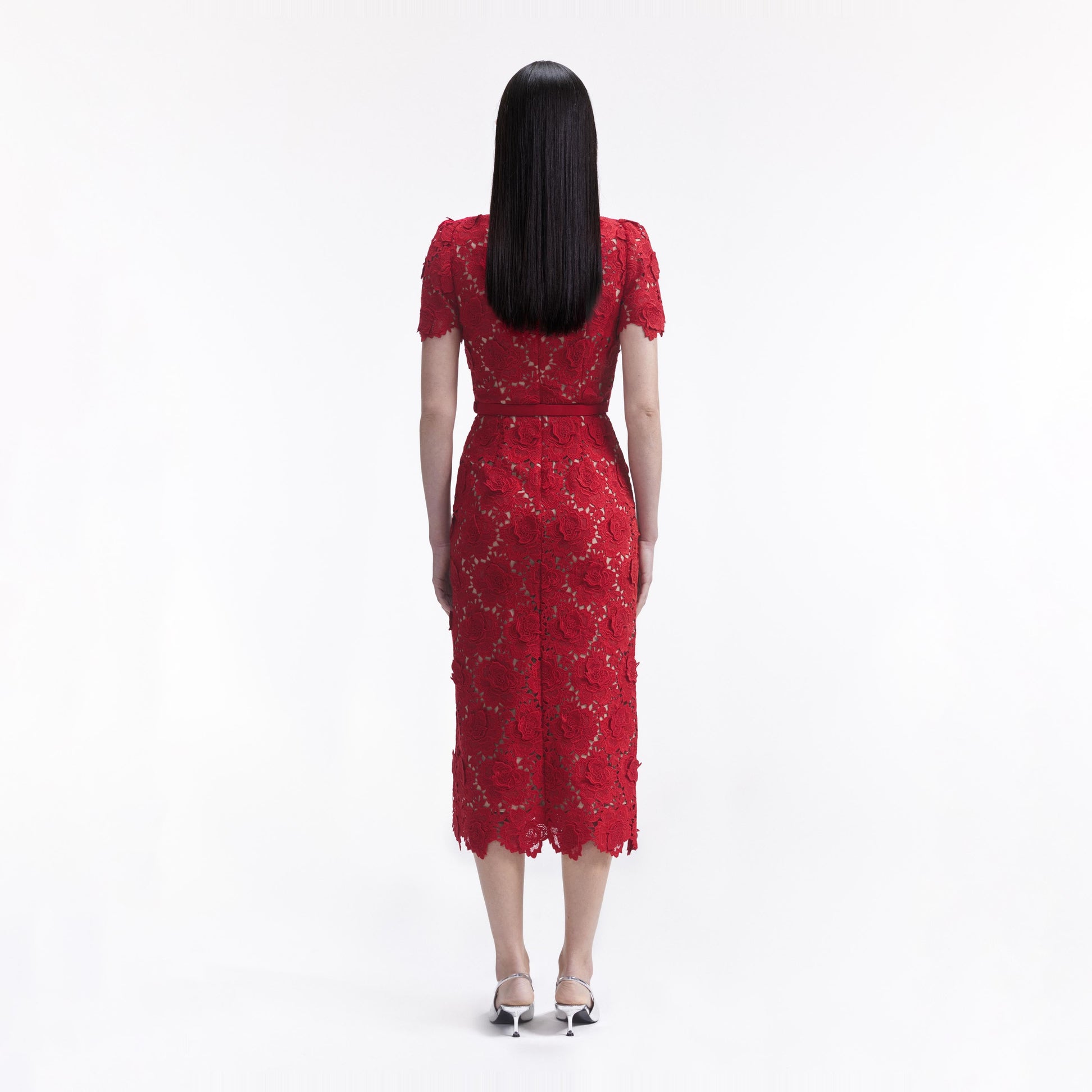 Red Lace Open Neck Midi Dress – self-portrait-EU