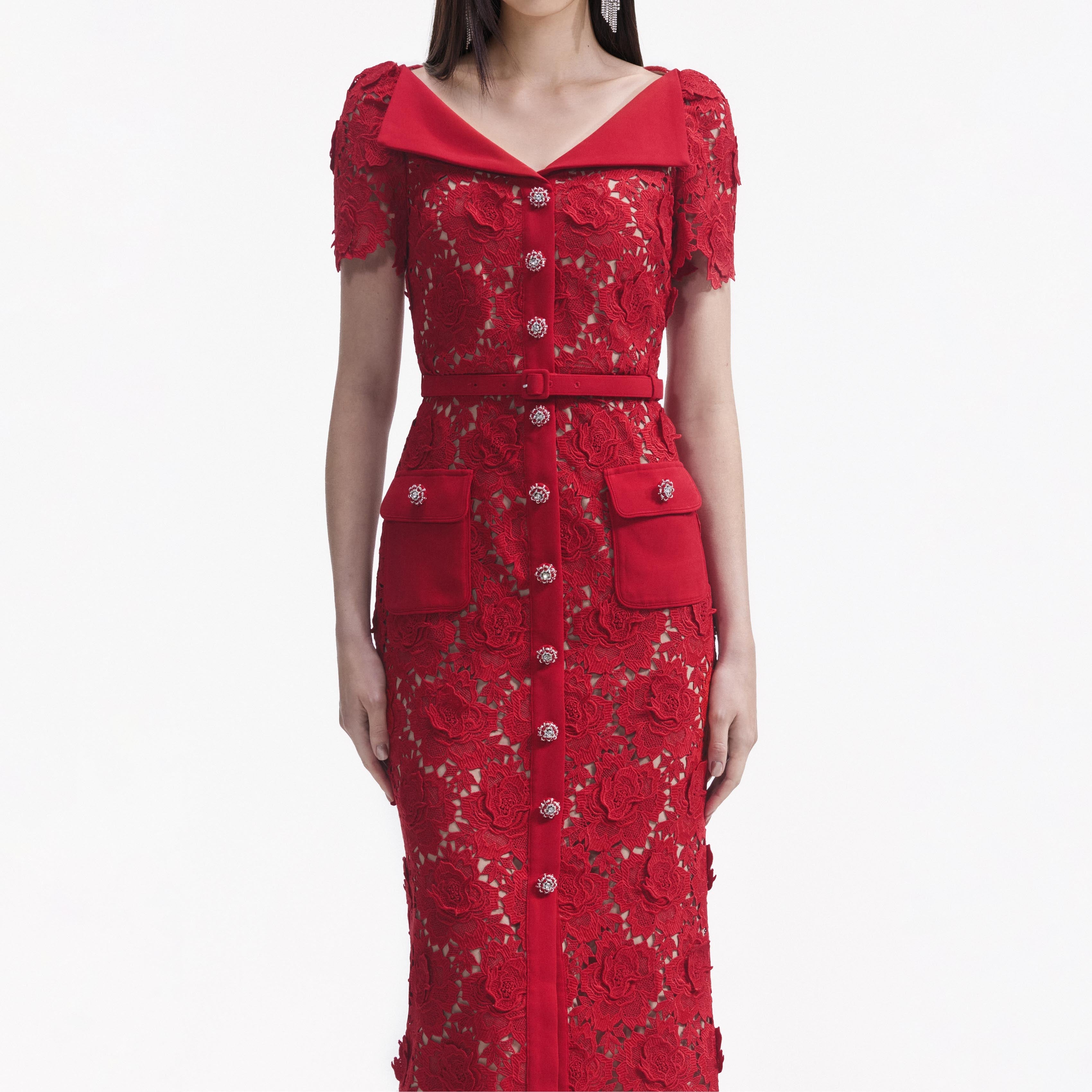 Red Lace Open Neck Midi Dress – self-portrait-EU