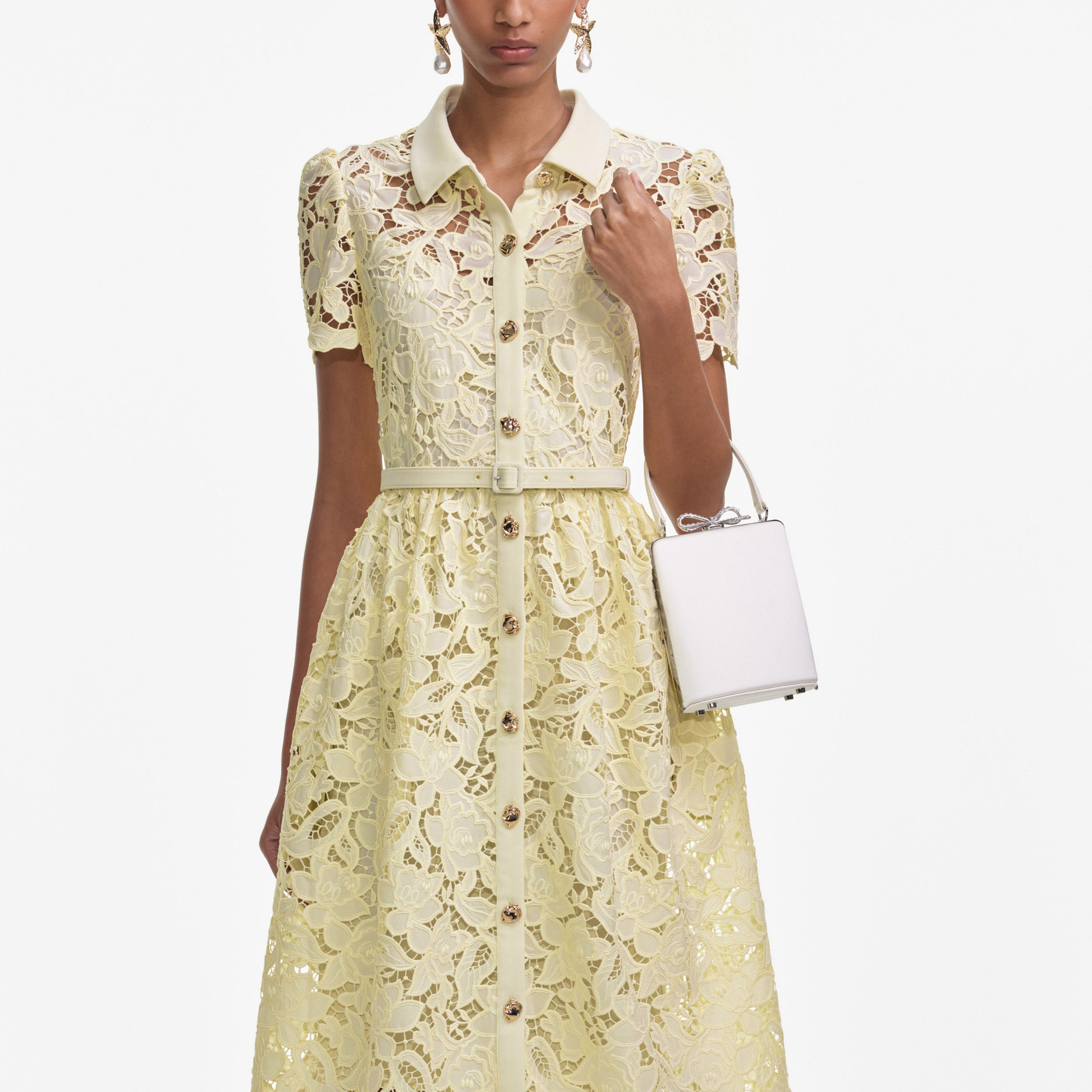 Yellow Lace Collared Midi Dress – self-portrait-EU