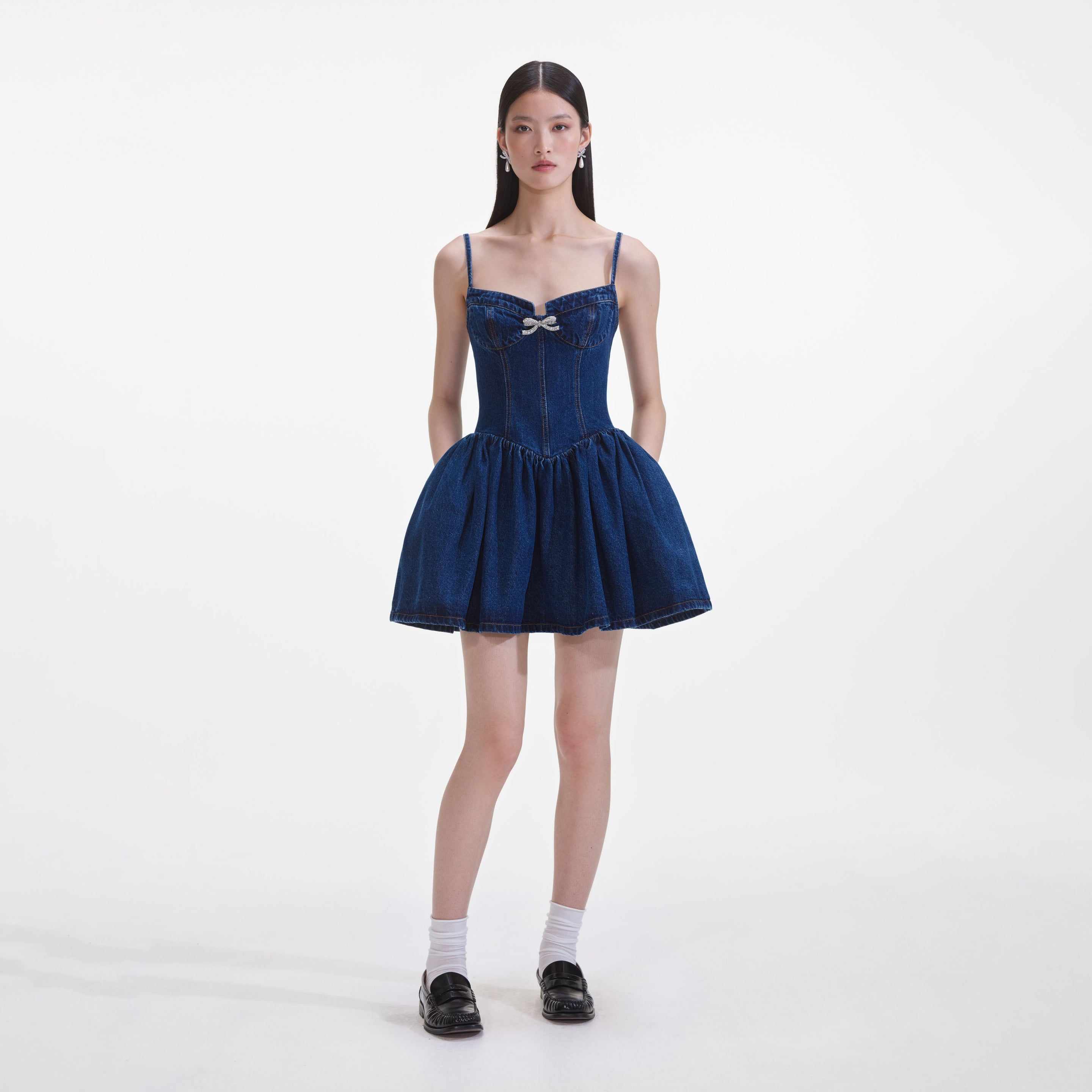 Denim Diamante Bow Sweetheart Mini Dress – self-portrait-EU