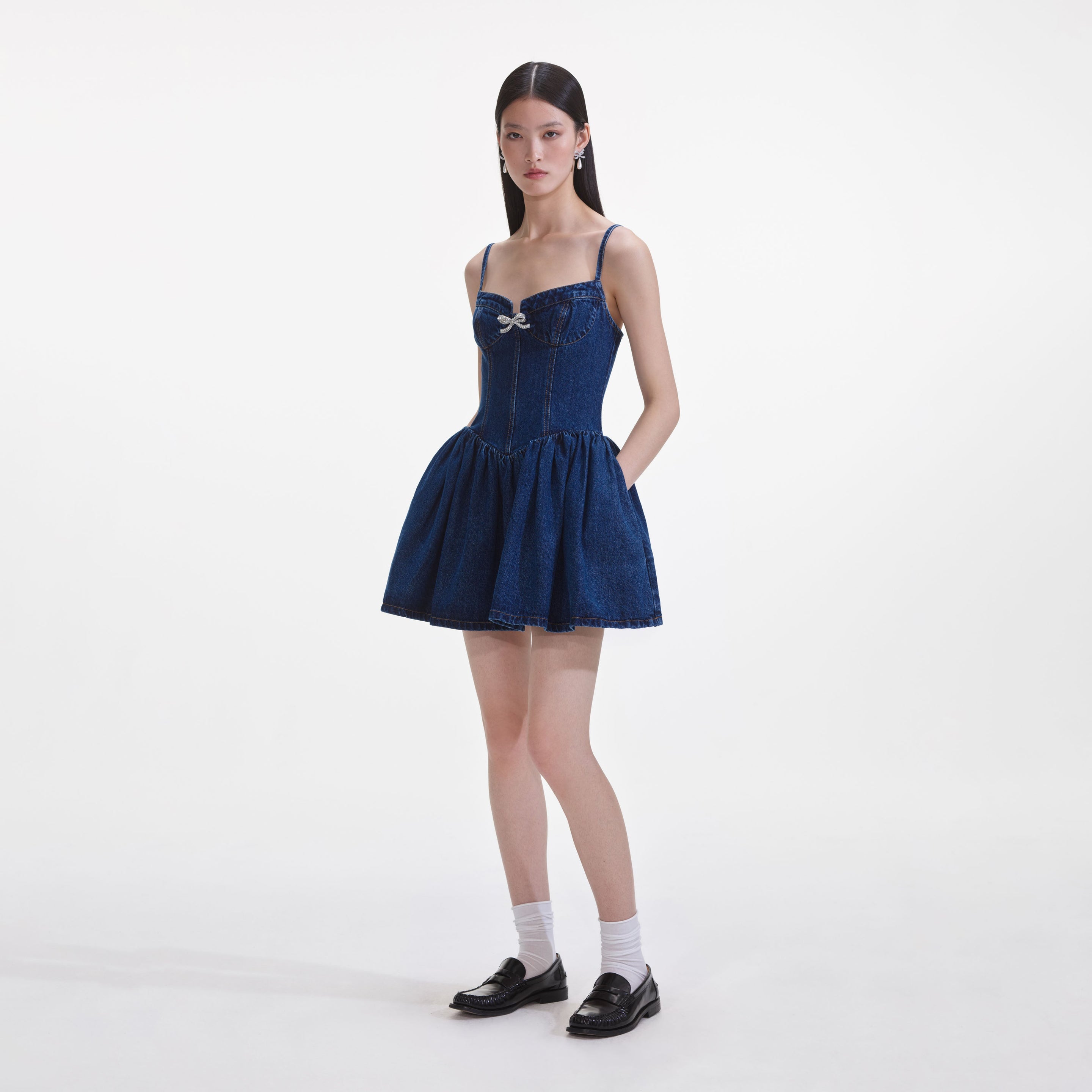 Denim Diamante Bow Sweetheart Mini Dress – self-portrait-EU