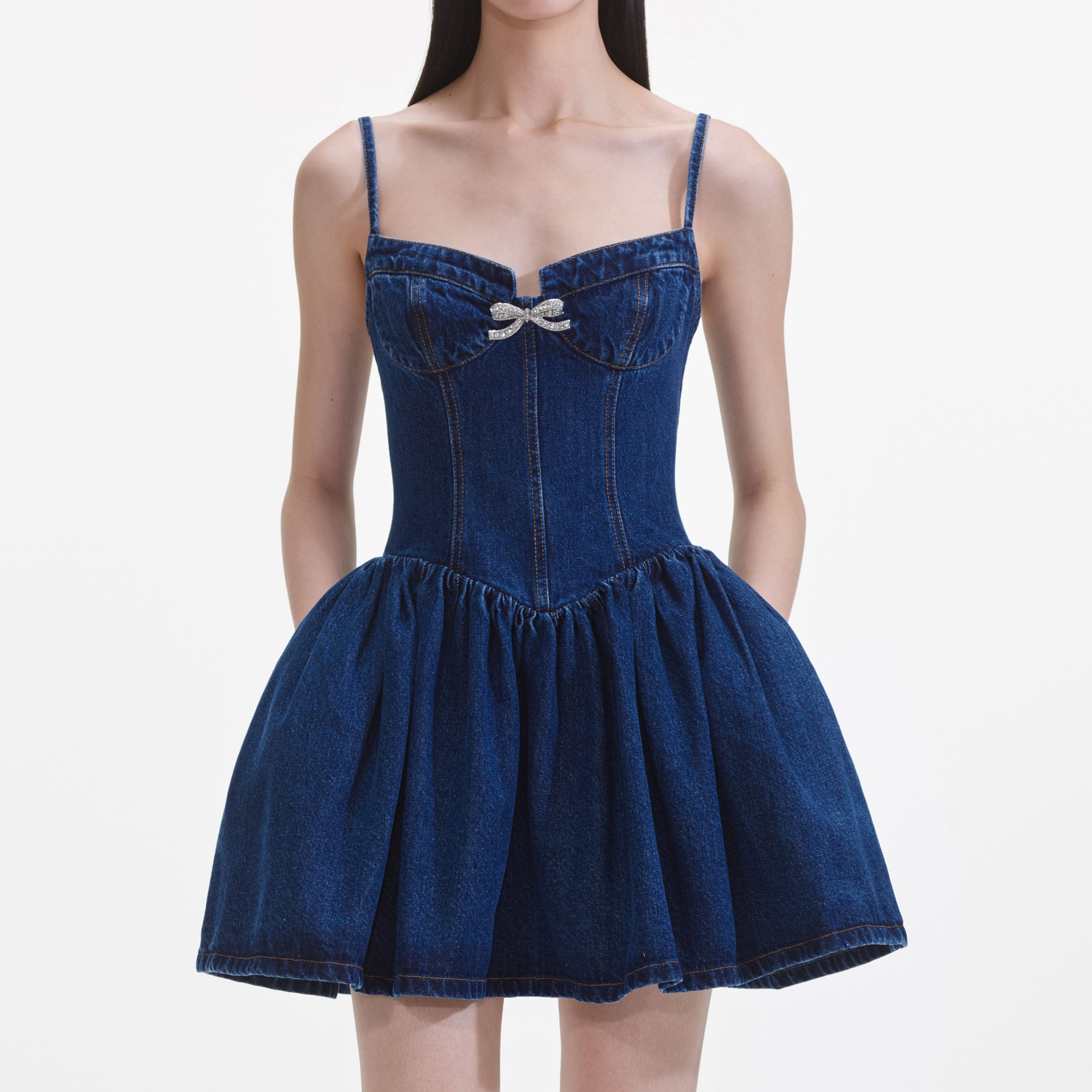 Denim Diamante Bow Sweetheart Mini Dress – self-portrait-EU