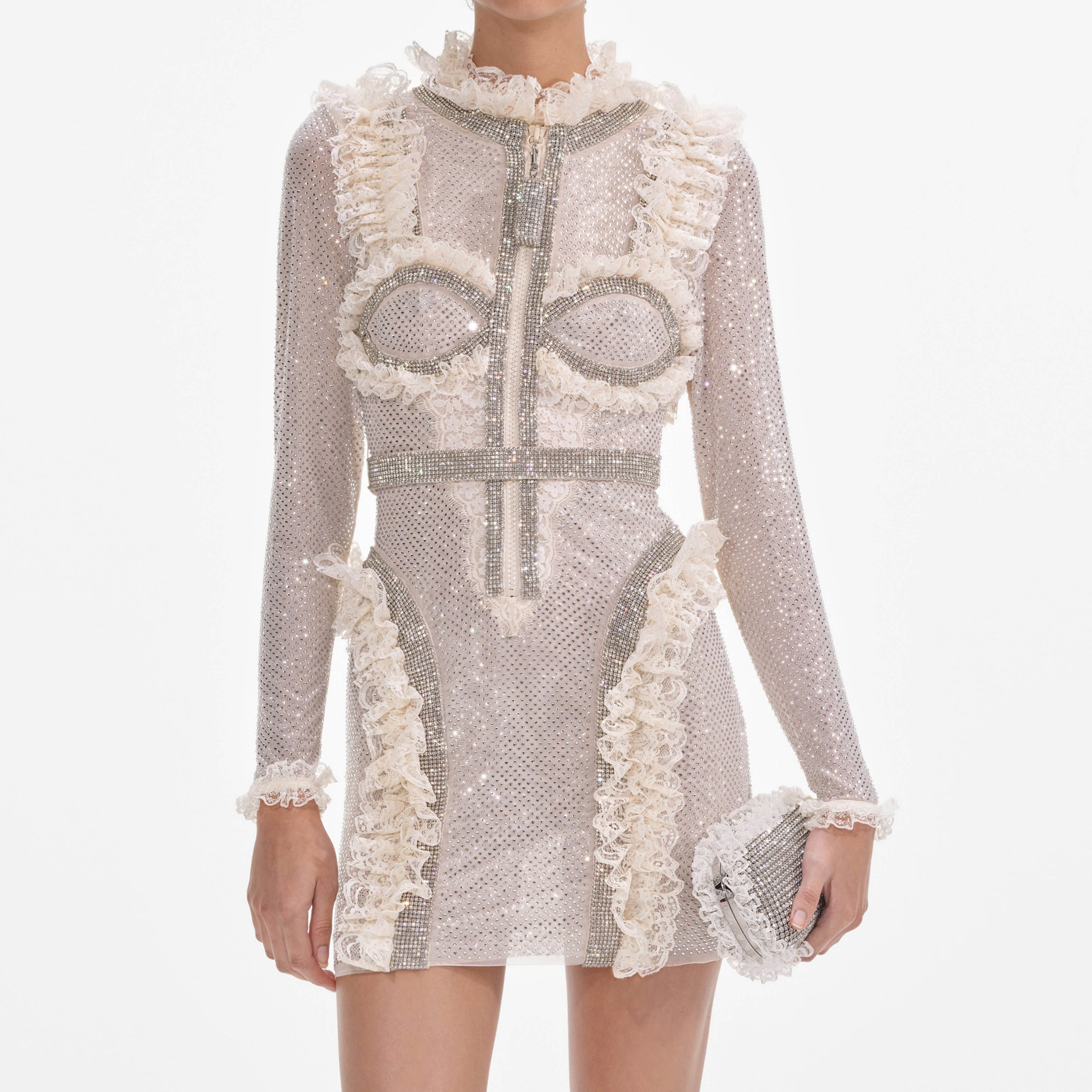 Cream Rhinestone Mesh Ruffle Mini Dress | Christopher Kane Residency ...